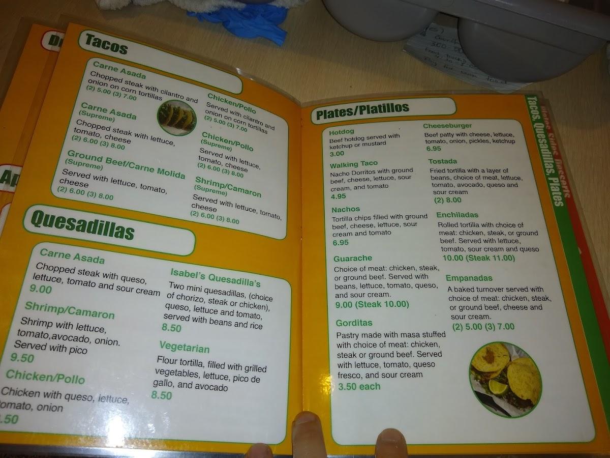 Menu at Isabel’s Tacos restaurant, Grabill
