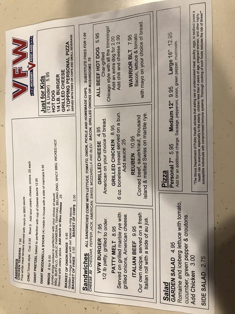 Menu at McHenry VFW Post 4600 restaurant, McHenry