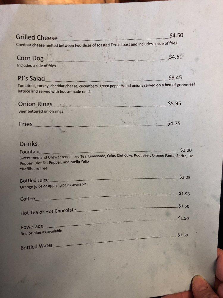 Menu at PJ’s restaurant, Monticello