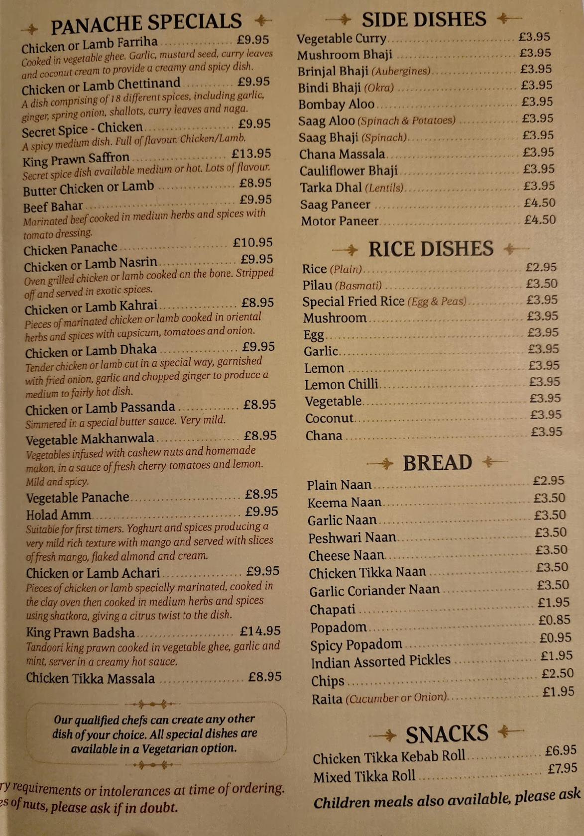 Menu at Panache restaurant, Pembroke Dock, 95 Queen St