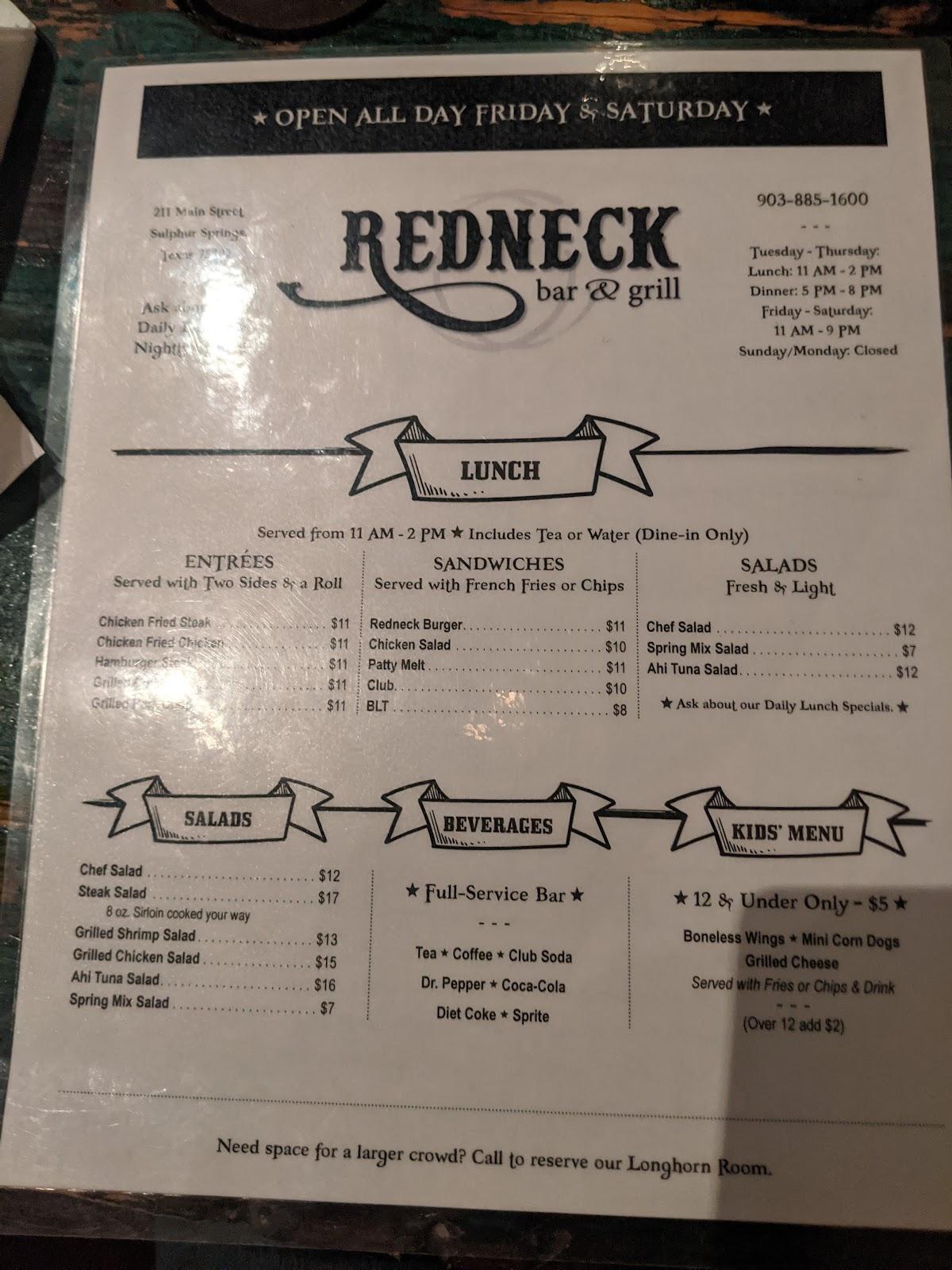 Menu at Redneck Bar & Grill, Sulphur Springs