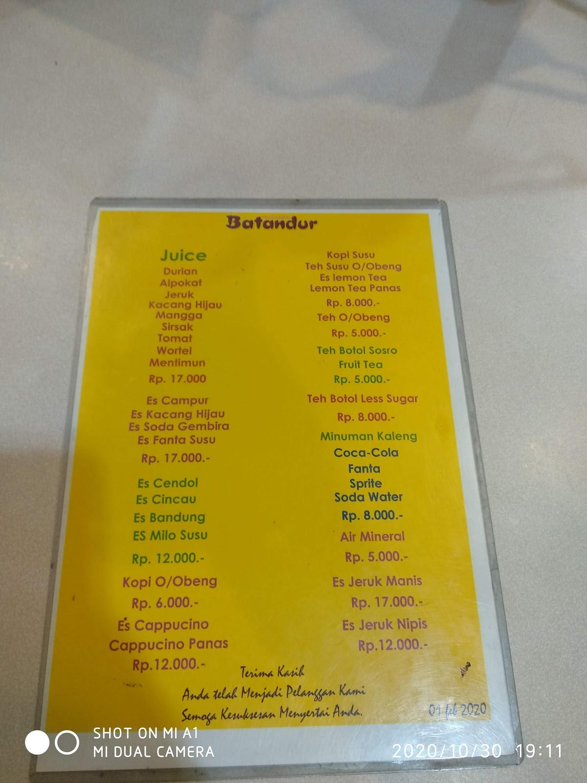 Menu at Rumah Makan Batandur restaurant, Batam