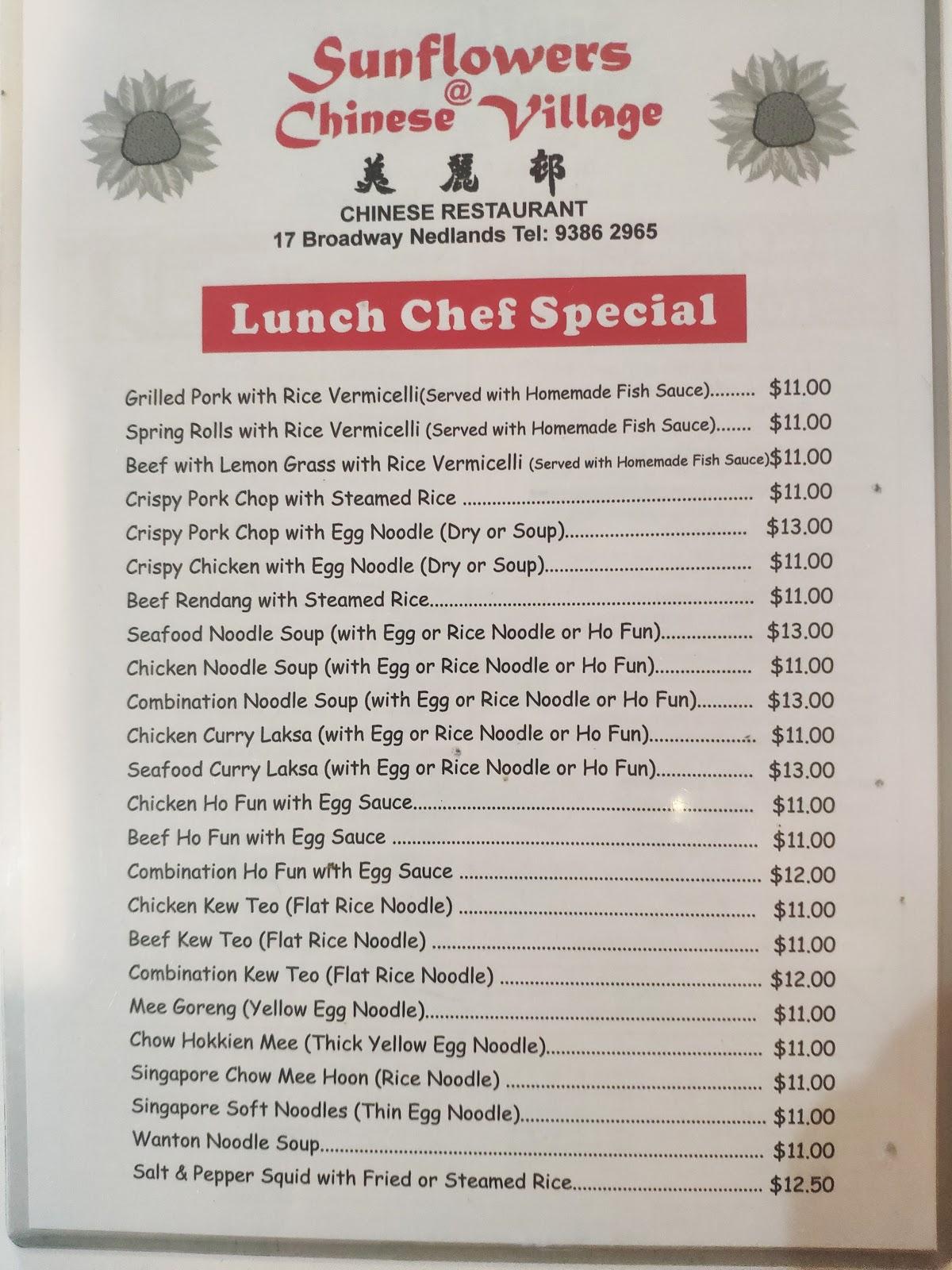 Menu at Sunflower Chinese Restaurant, Nedlands