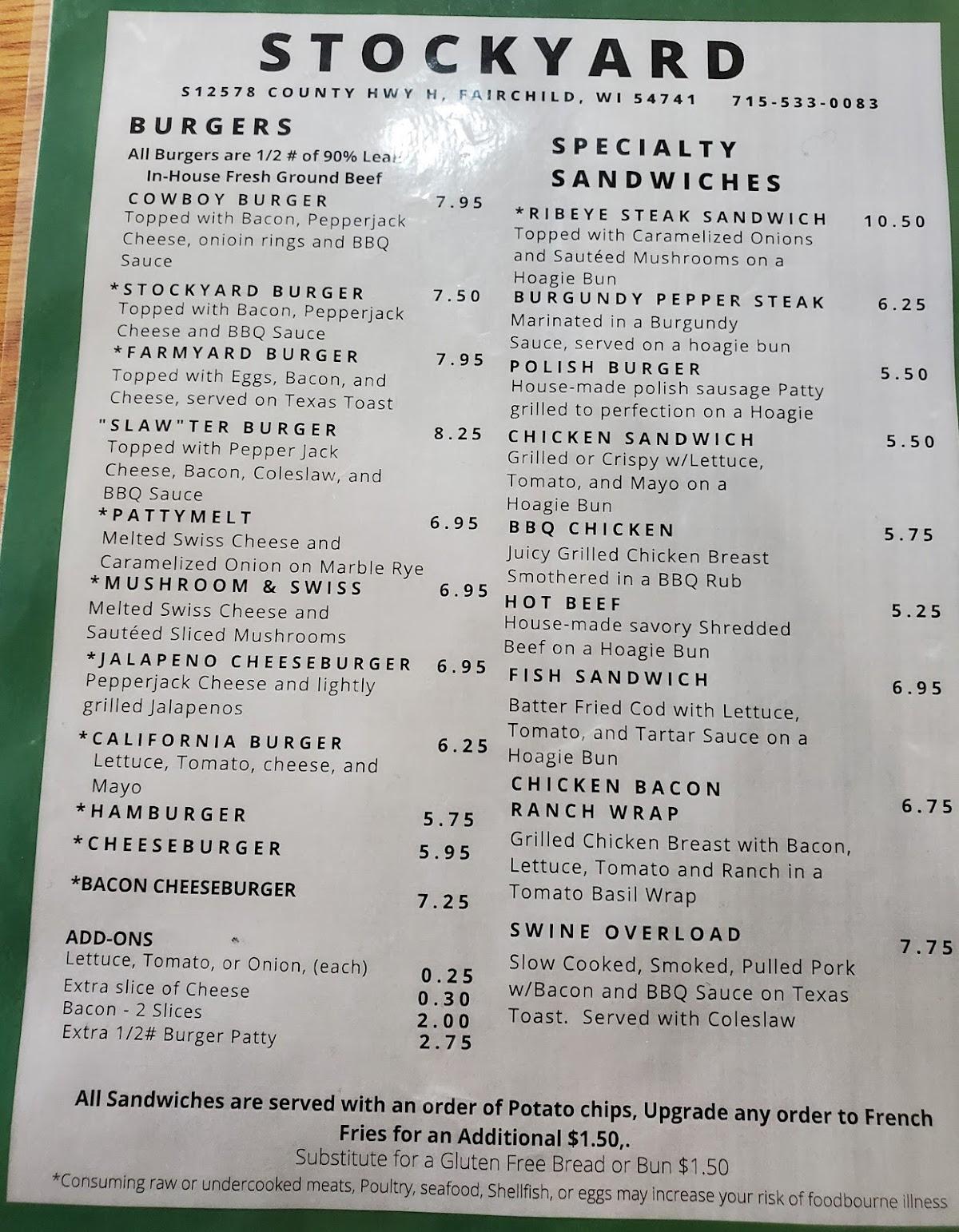 Menu at Vojtik's Stockyard Food restaurant, USA