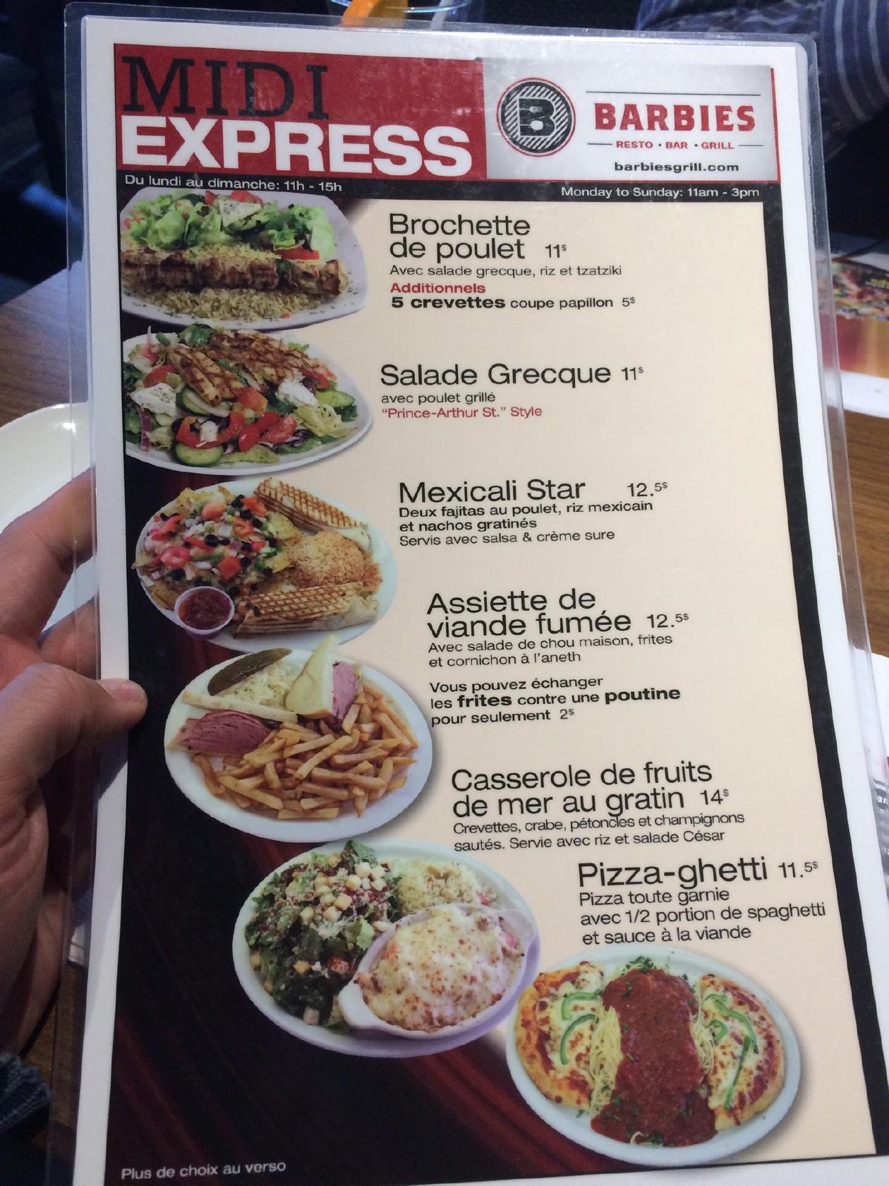 Menu at Barbies Resto Bar Grill, Longueuil, Ch. du Tremblay
