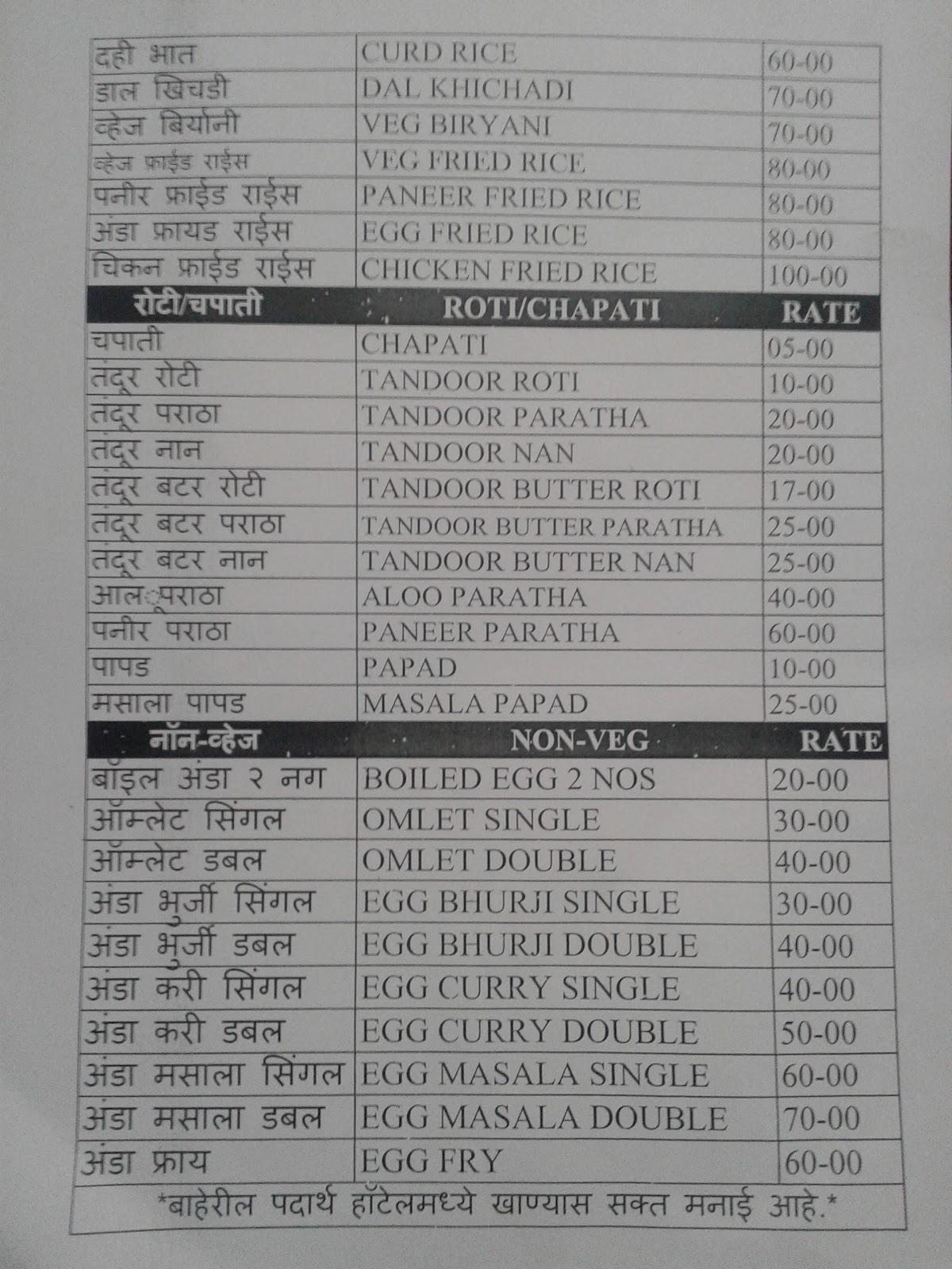 Menu at Hotel Poornima, Pune, Nagar Rd