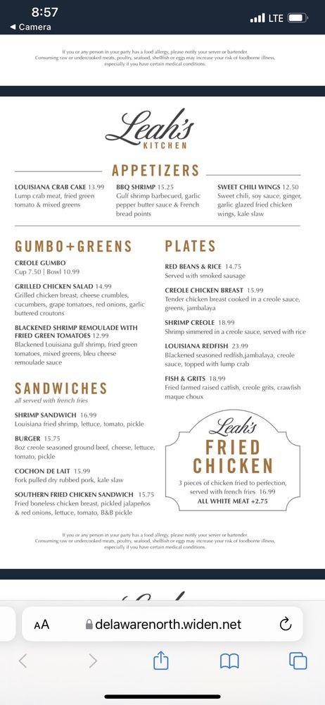 Menu at Leah's Kitchen restaurant, Kenner, 1 Terminal Dr