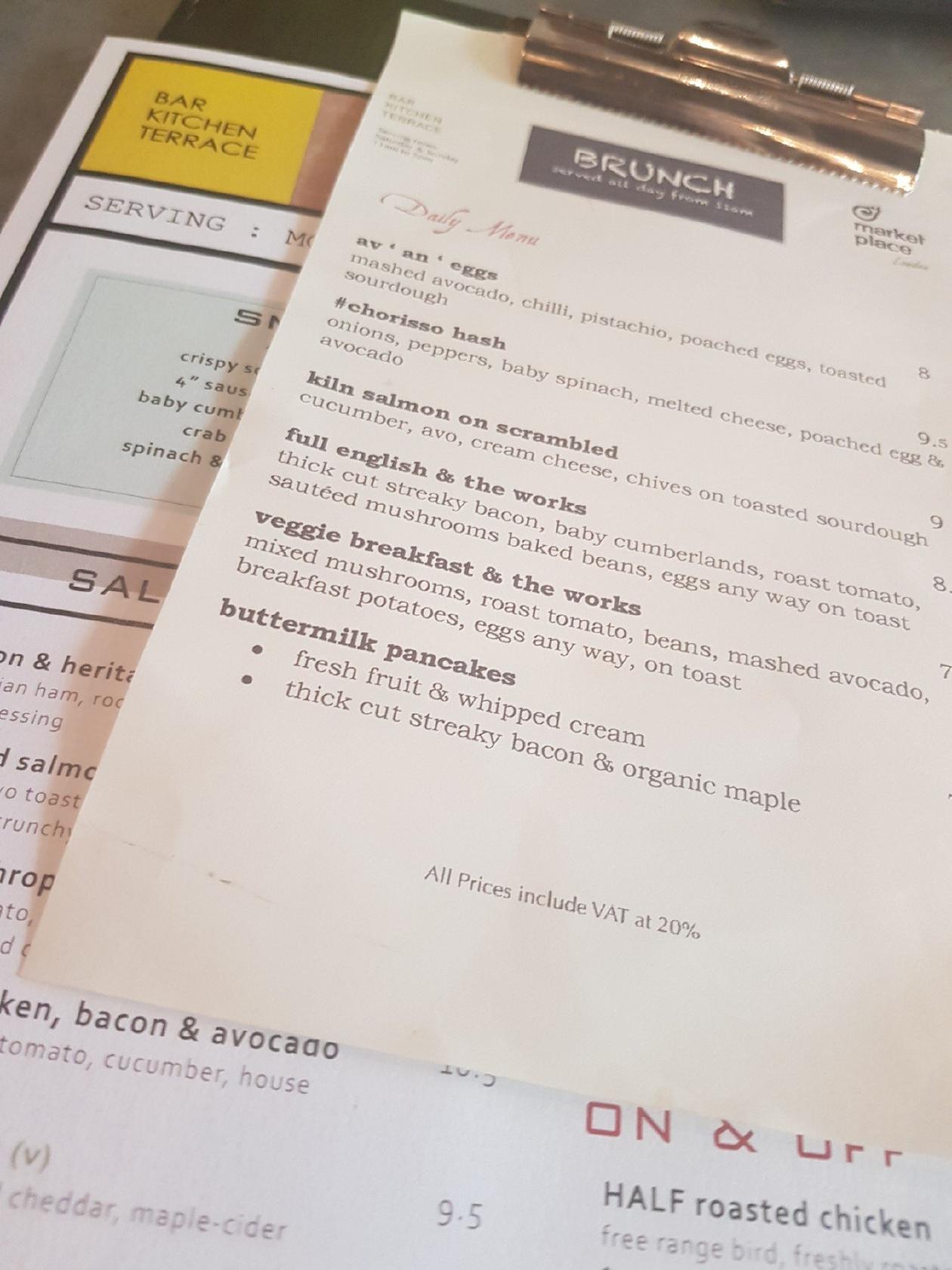 Menu at Marketplace restaurant, London