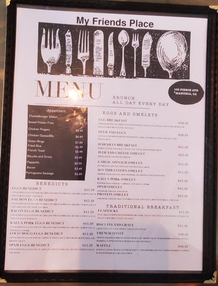 Menu at My Friends Place restaurant, Manteca