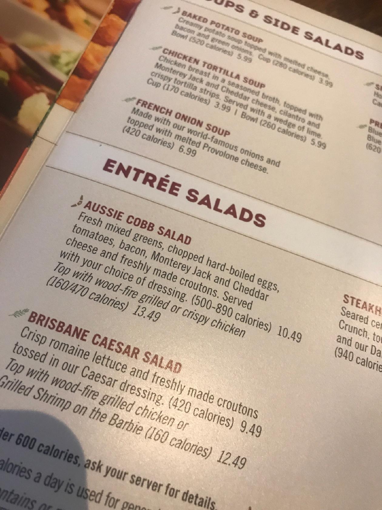 Menu at Outback Steakhouse, Bloomington