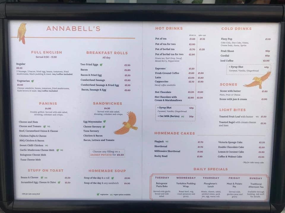 Menu at Annabell's Tea Room cafe, Maryport