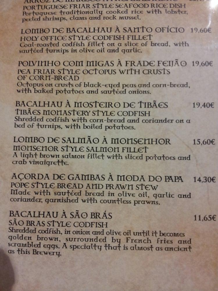 Menu at Trindade restaurant, Lisbon, R. Nova da Trindade 20 C
