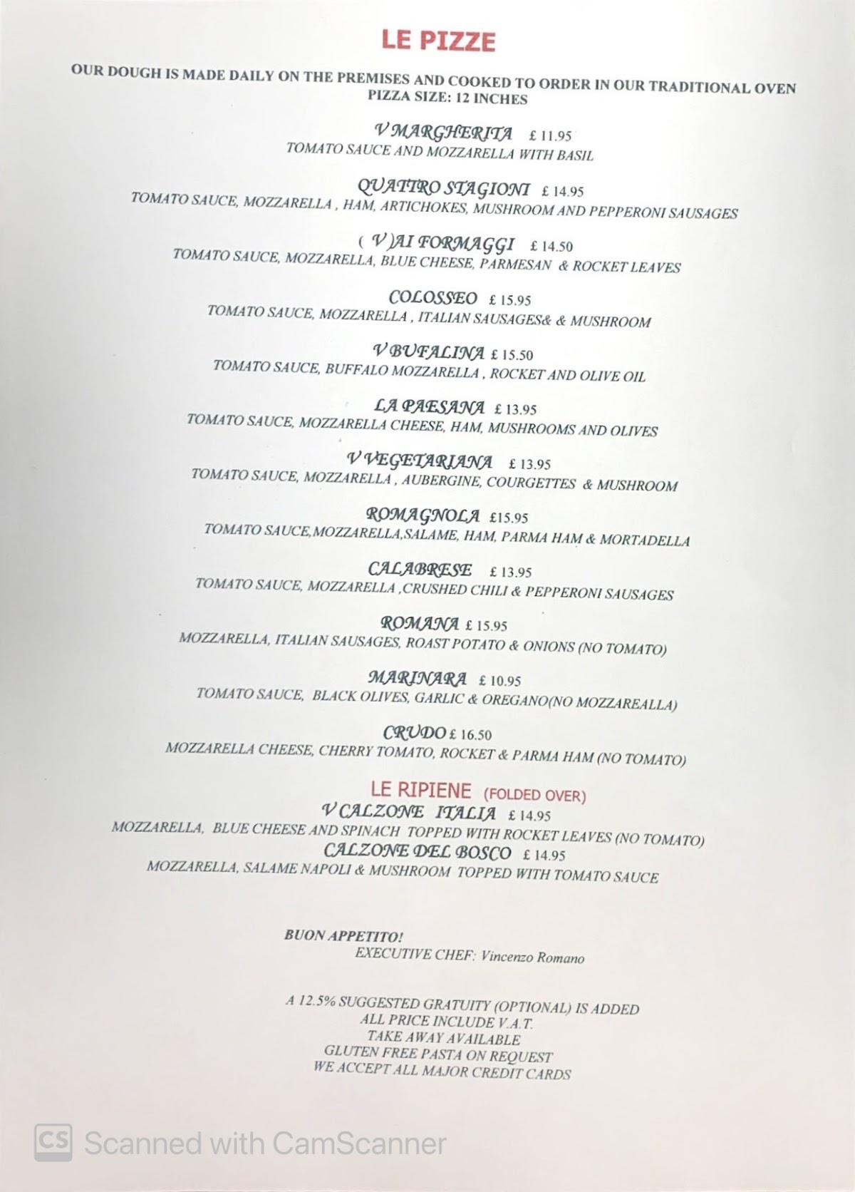 Menu at Colosseo Restaurant, London
