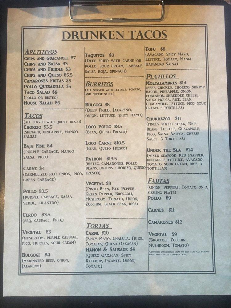 Menu at Drunken Tacos restaurant, Cincinnati