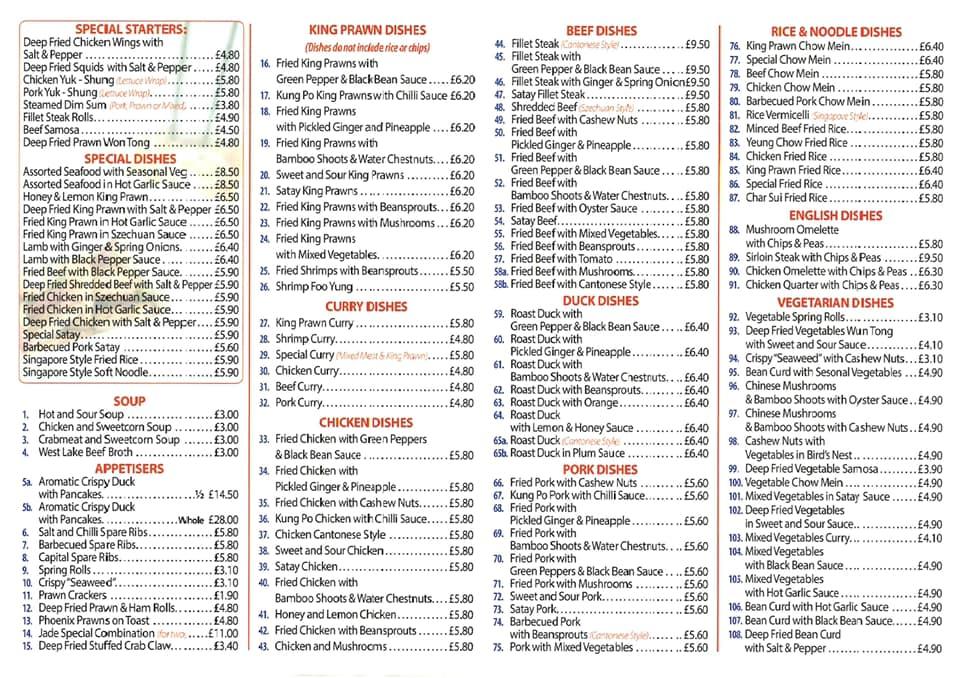 Menu at Jade Village restaurant, Menai Bridge