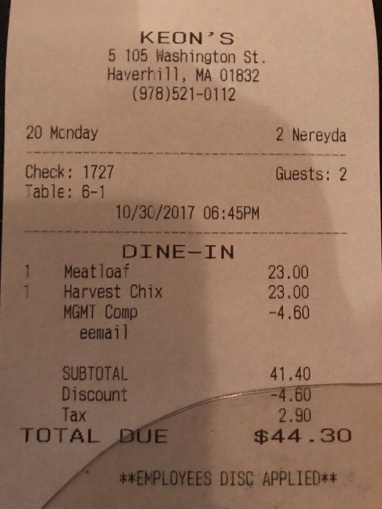 Menu at Keon's pub & bar, Haverhill