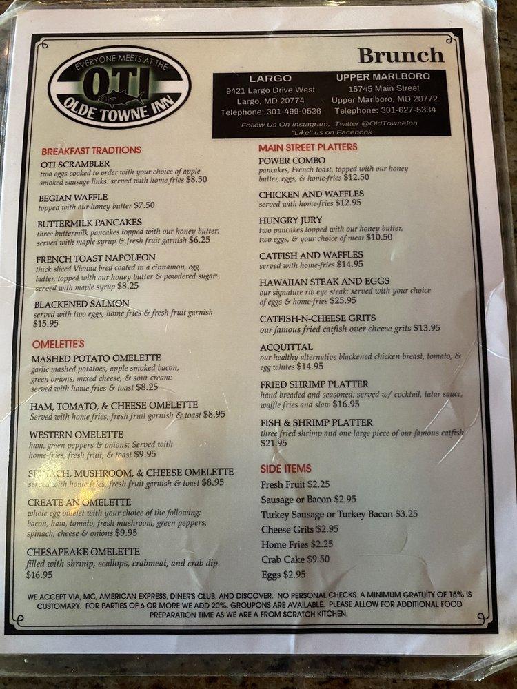 Menu at Olde Towne Inn restaurant, Upper Marlboro