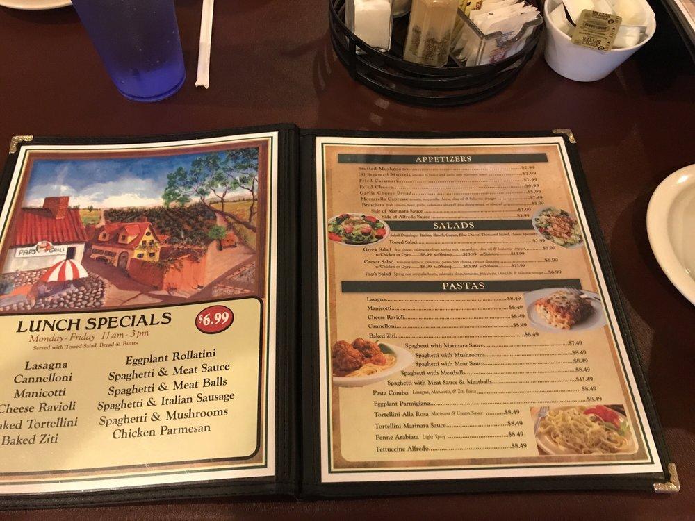 Menu at Pap's Italian Grill restaurant, Bandera, 632 TX-16