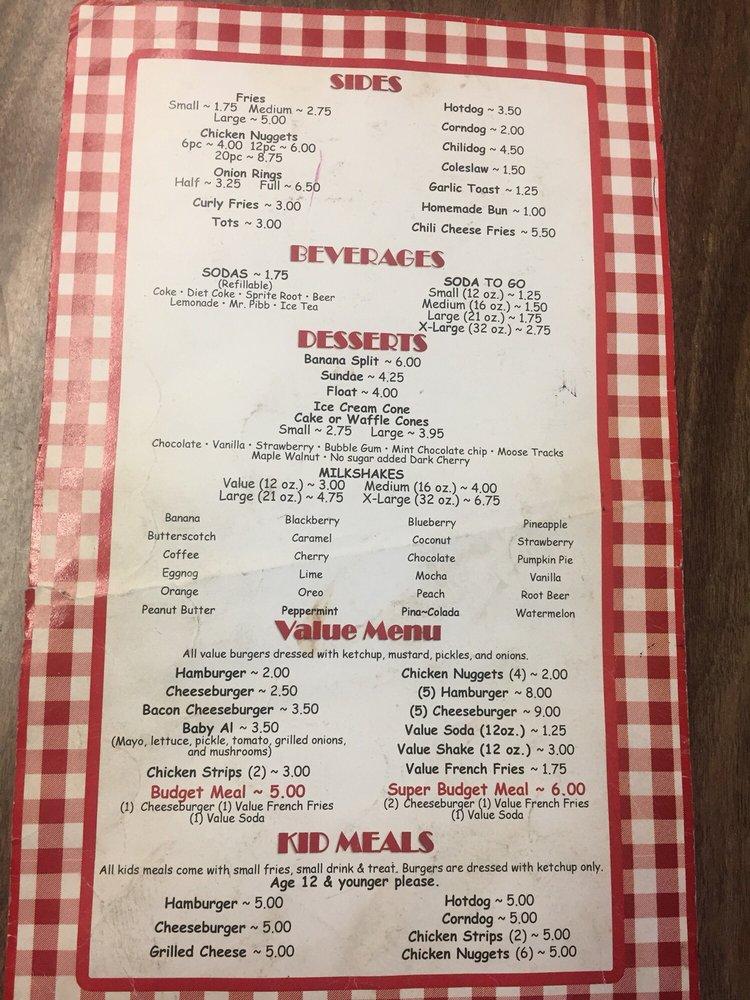 Menu at Poppa Al's Famous Hamburgers restaurant, Mill City