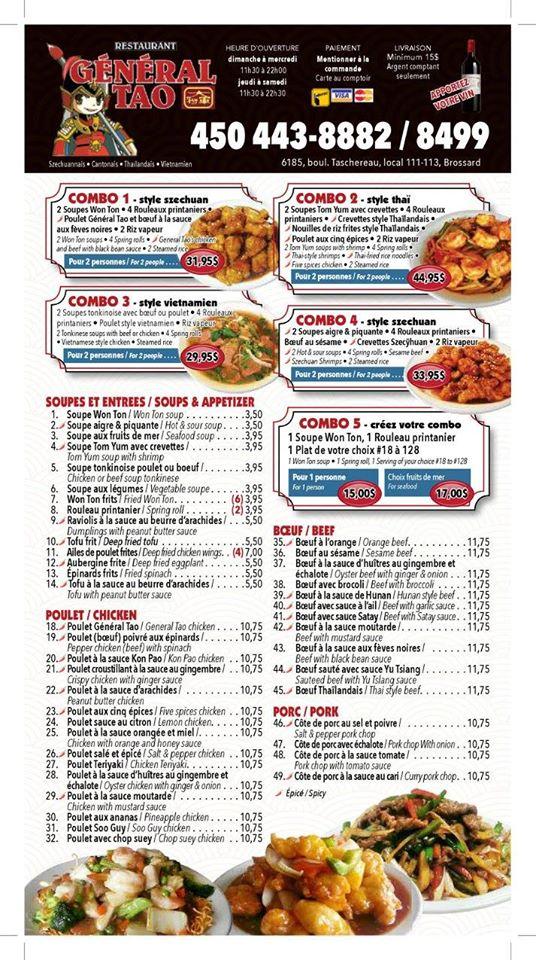Menu au Restaurant General Tao, Brossard