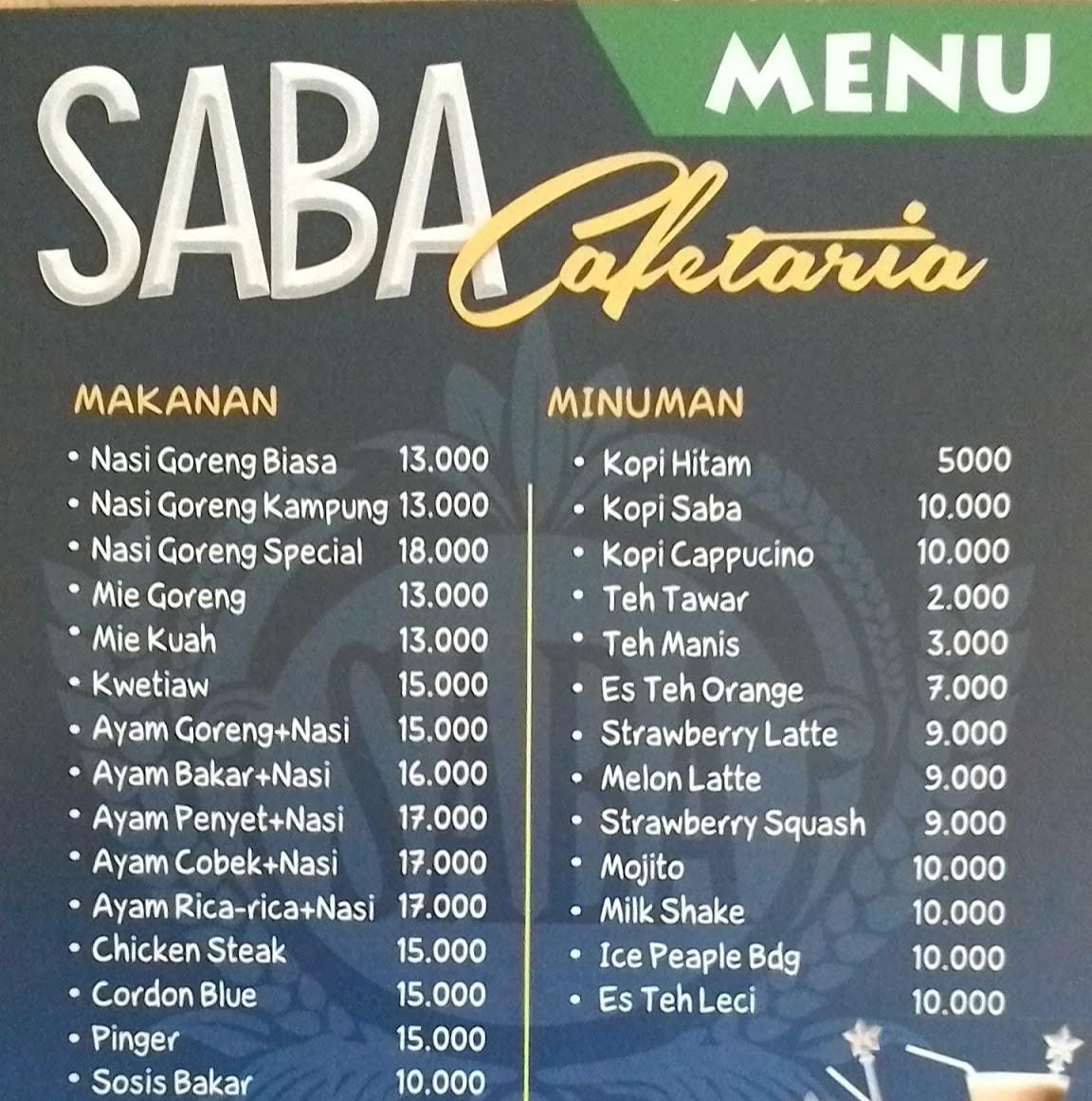 Menu at Saba Cafetaria, Bandung