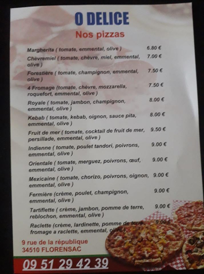 Menu au Snack Ô Délice restaurant, Florensac