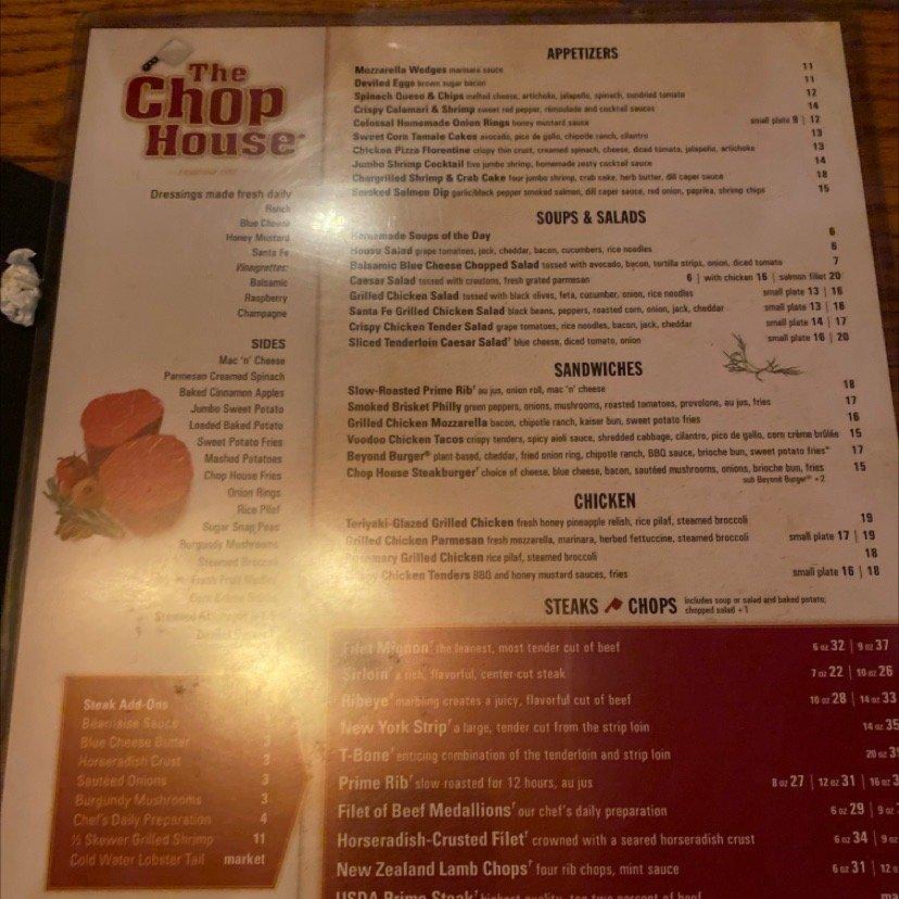 Menu at The Chop House steakhouse, Kingsport