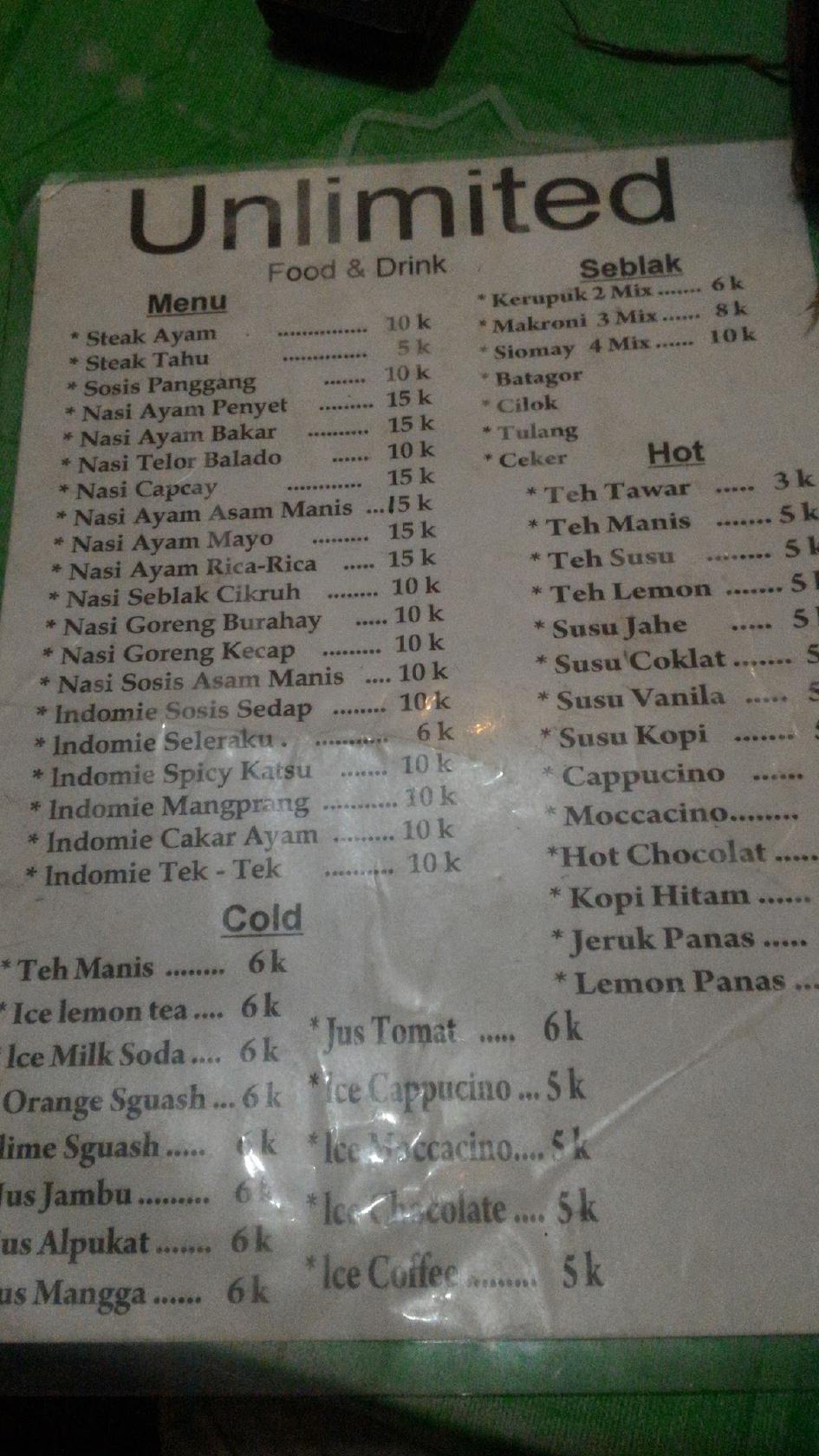 Menu at "UNLIMITED" Food & Drink cafe, Marga Jaya