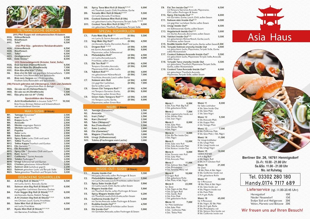 Speisekarte von Asiahaus restaurant, Hennigsdorf
