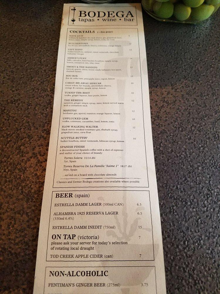 Menu at Bodega pub & bar, Victoria