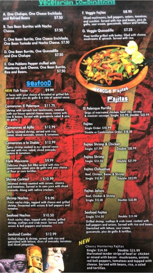 Menu at El Palenque restaurant, Cave City