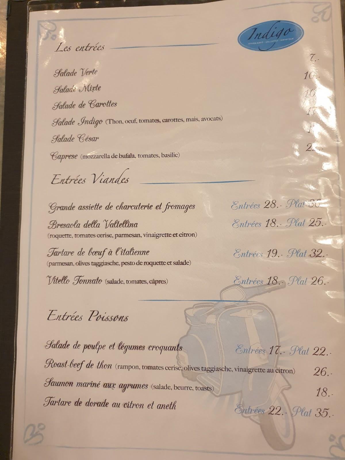 Menu at Indigo restaurant, Geneva
