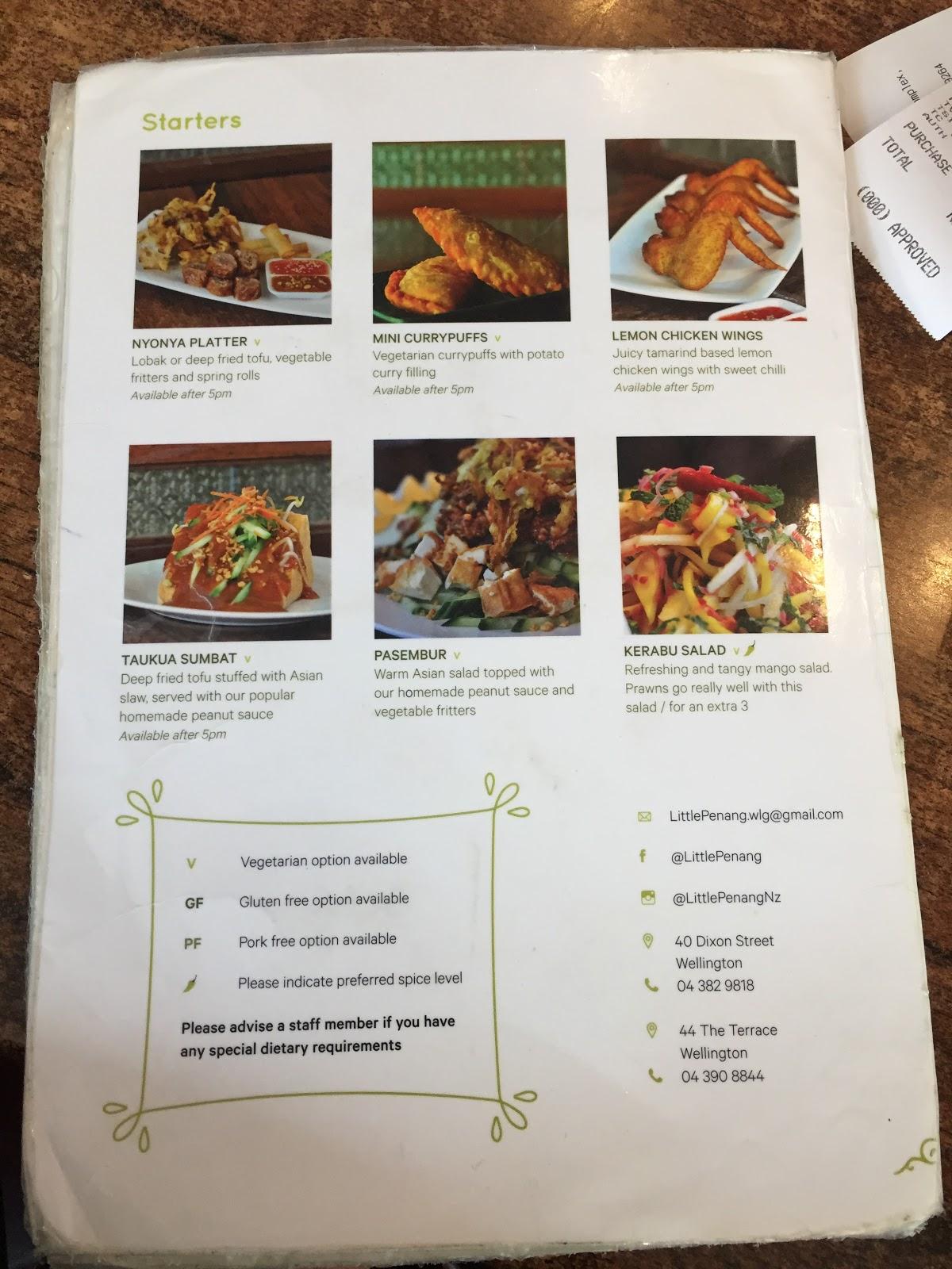 Menu at Little Penang restaurant, Wellington, 175 Victoria St