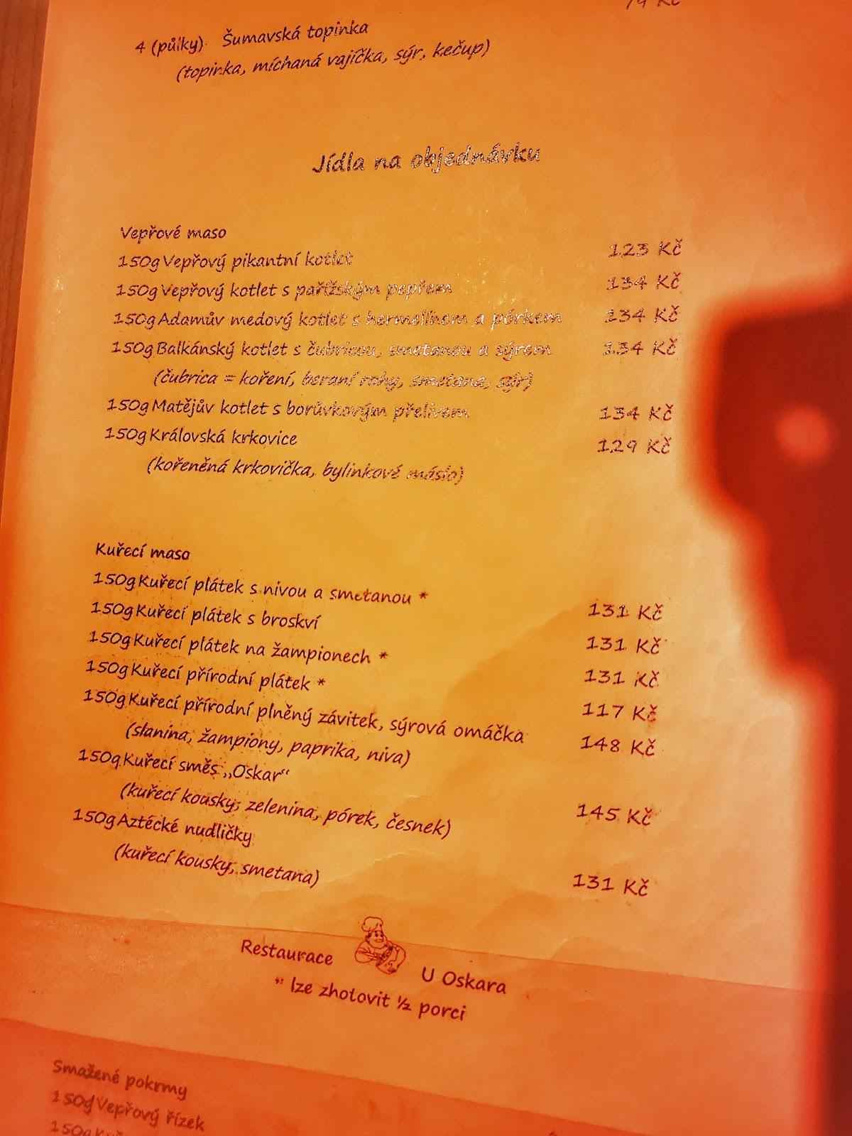Menu at Restaurace U Oskara restaurant, Pelhrimov