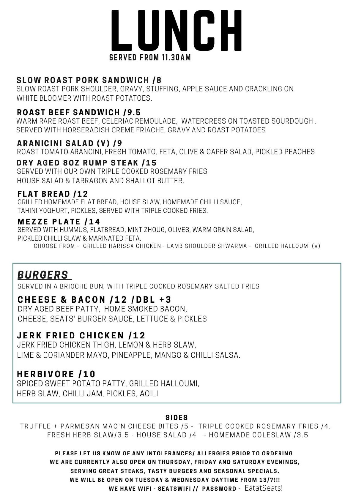 Menu at Seats @ Robinsons Tettenhall restaurant, Wolverhampton