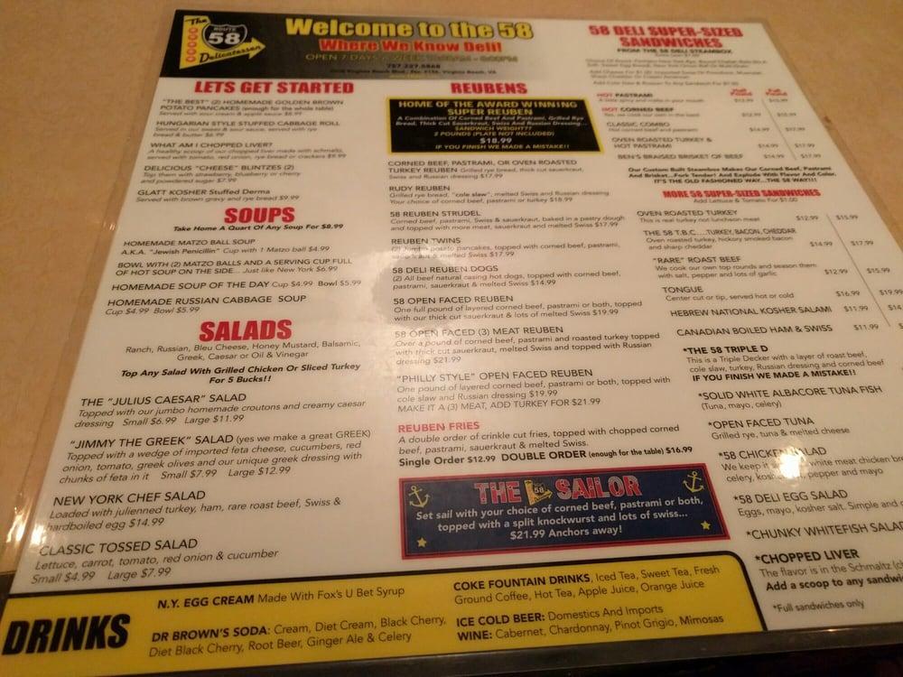 Menu at The Route 58 Deli restaurant, Virginia Beach