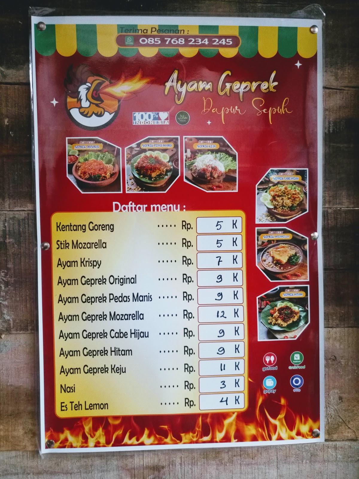Menu at Ayam Geprek Dapur sepuh restaurant, Cimaung