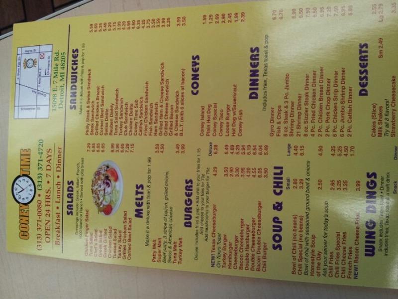 Menu at Coney Time restaurant, Detroit, Seven Mile E