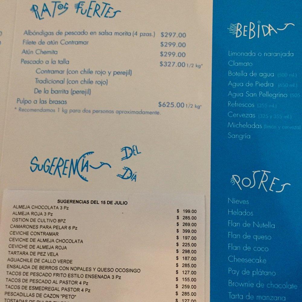 Carta del restaurante Contramar, Ciudad López Mateos, Calle del Durango 200