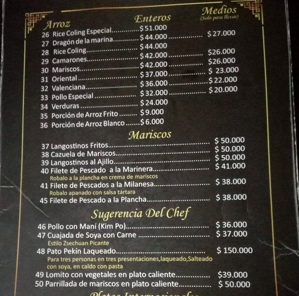 Carta de Restaurante Dragon De La Marina, Cartagena