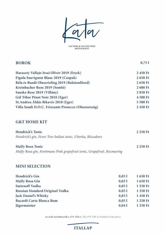 Menu at Kata PEST restaurant, Budapest