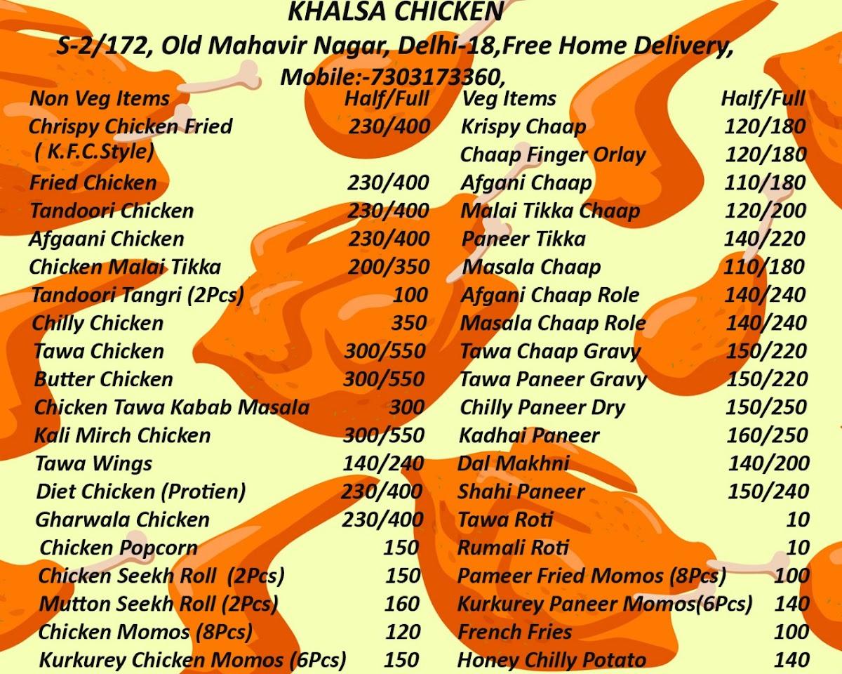 Menu at Khalsa CHICKEN, Delhi, Shop no.58 DDA MARKET