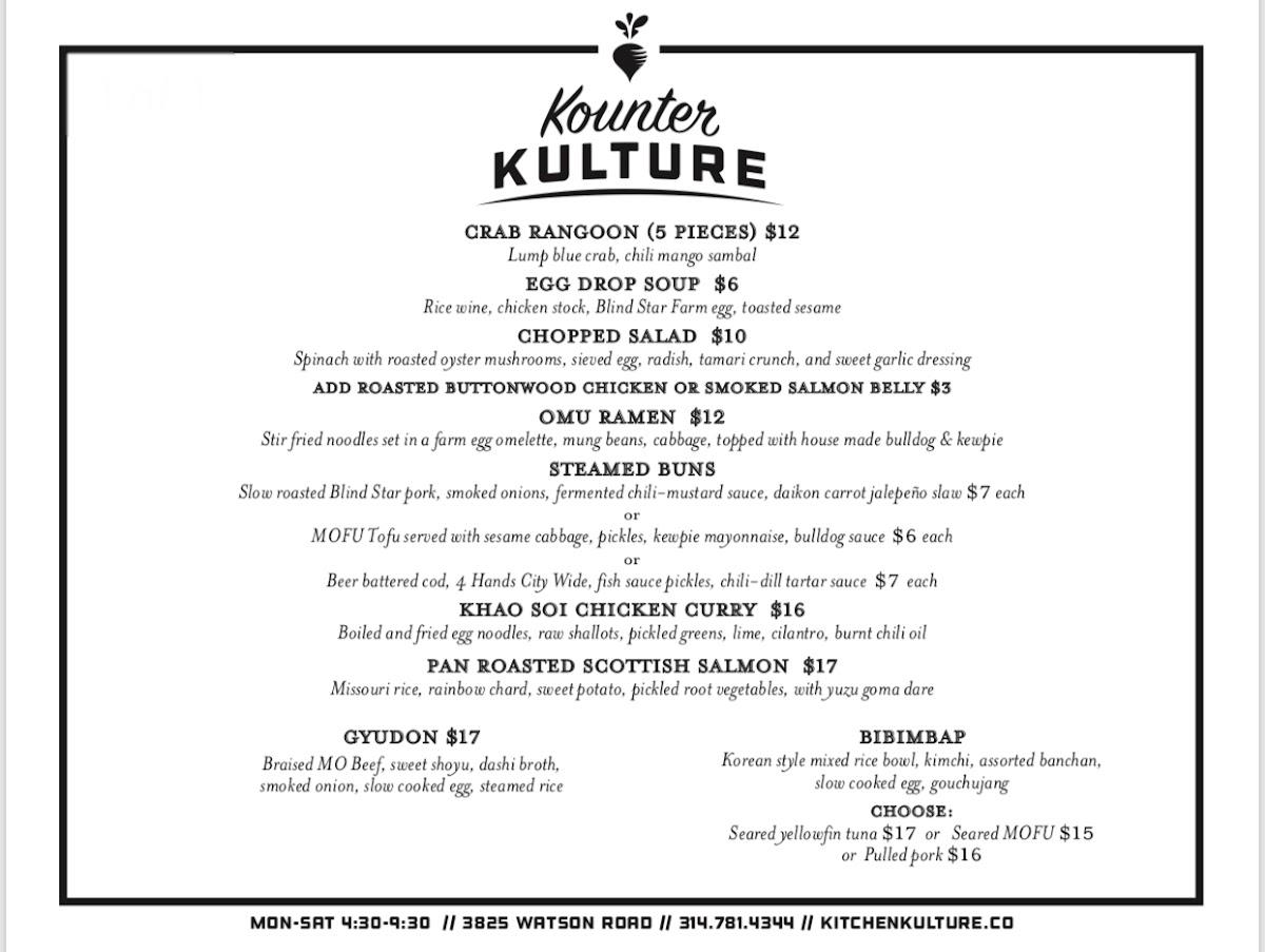 Menu at Kounter Kulture restaurant, St. Louis