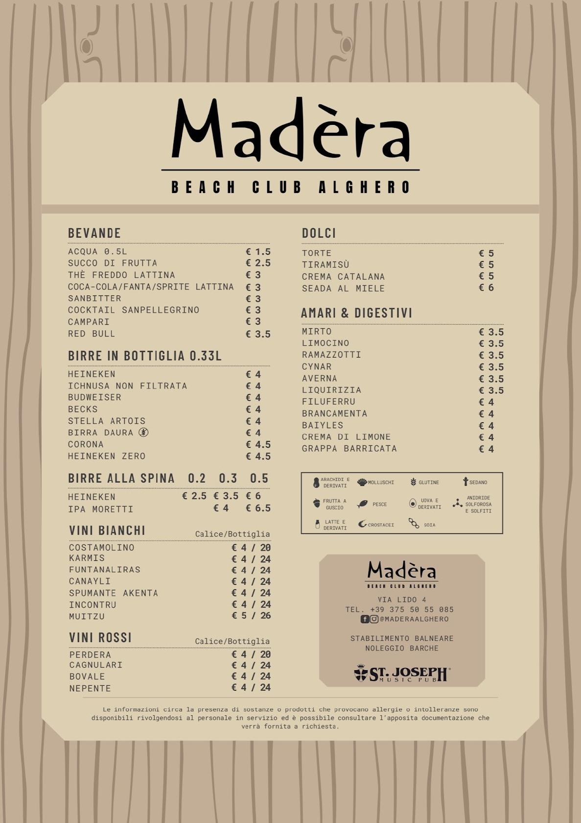 Menu au Madèra Beach Club, Alghero