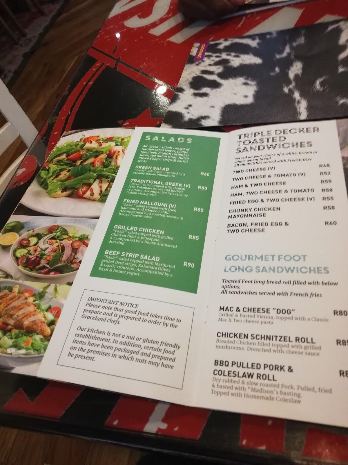 Menu at Madison's Bistro restaurant, Secunda