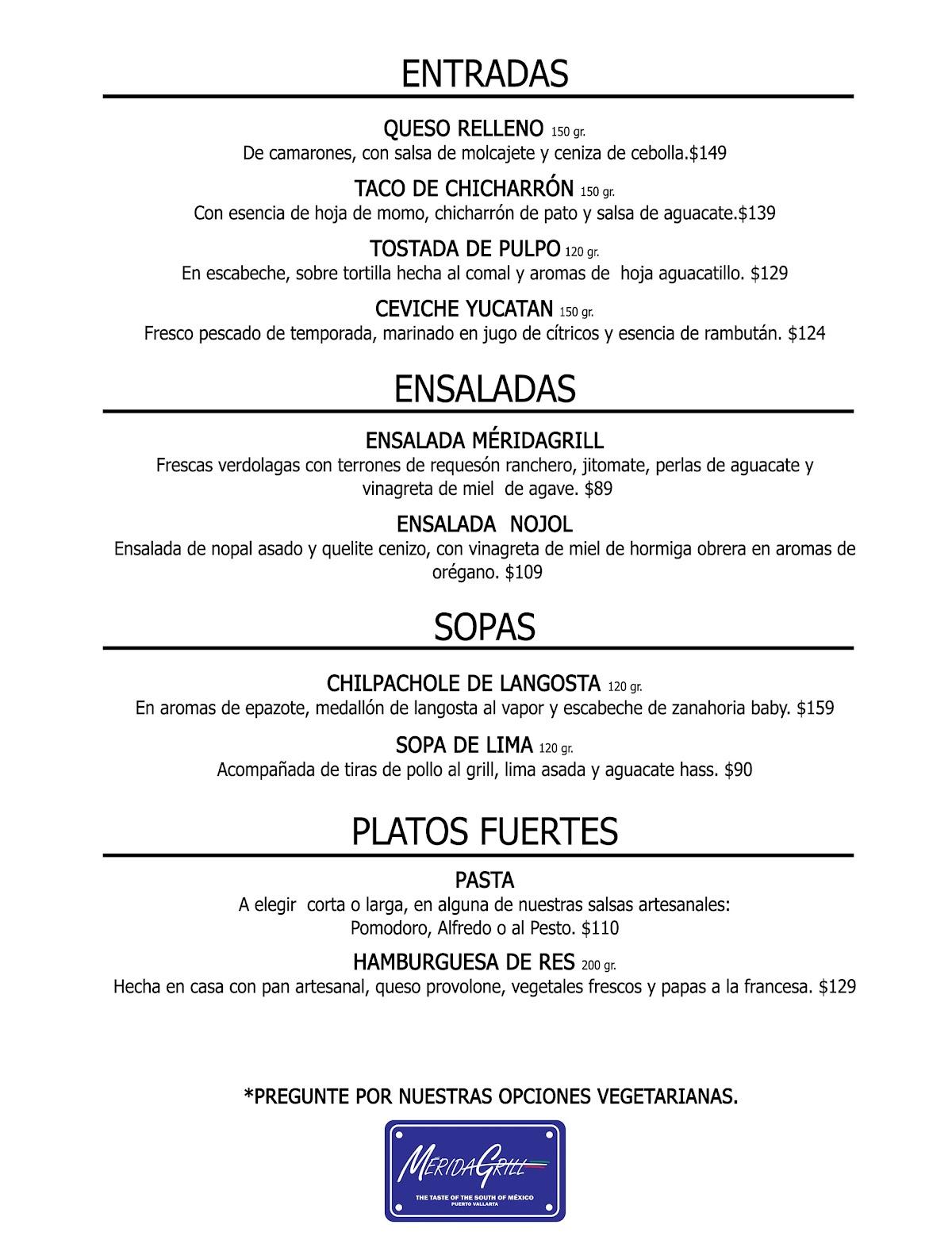 Menu at Merida Grill comida yucateca restaurant, Puerto Vallarta