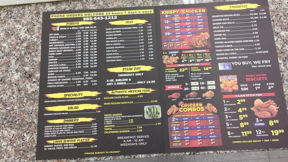 Menu at Moody's Time Saver restaurant, Slidell