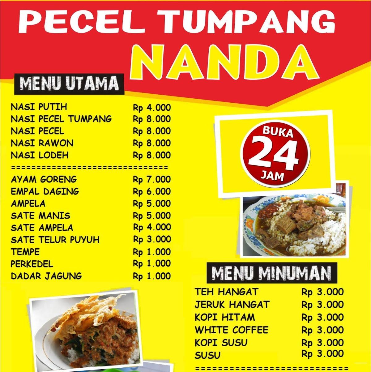 Menu at Pecel Nanda restaurant, Mojokerto