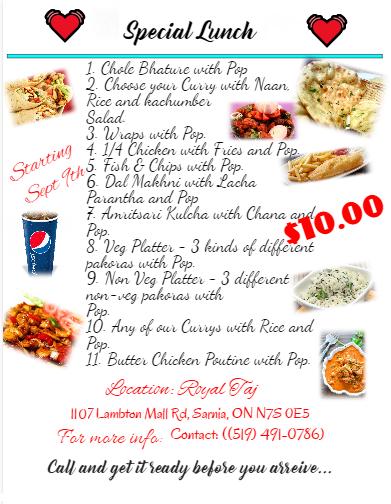 Menu at Royal Taj restaurant, Sarnia