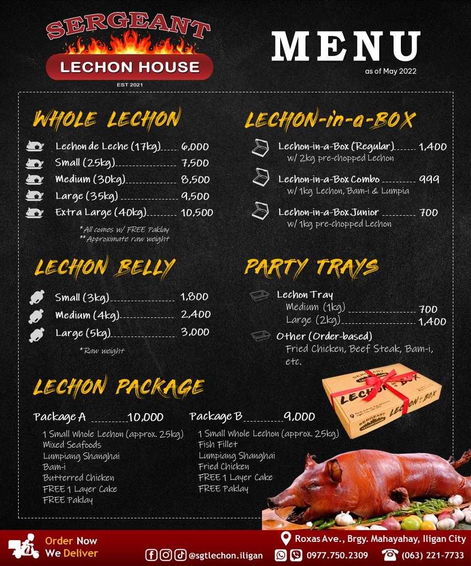 Menu at Sergeant Lechon House restaurant, Iligan City, Benito Labao St
